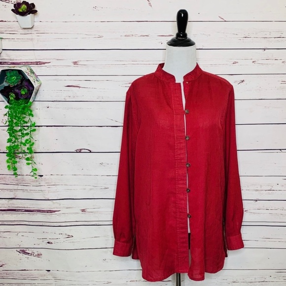 TravelSmith | Tops | Travelsmith Red Button Front Mandarin Collar Shirt ...